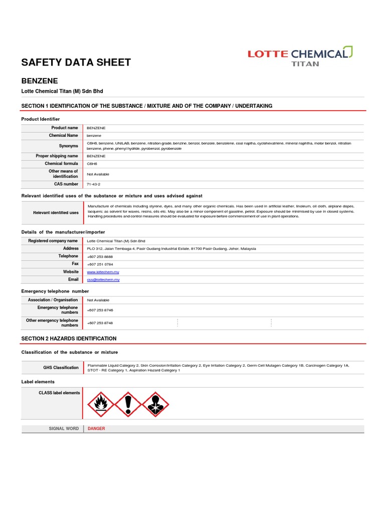Safety Data Sheet: Benzene | PDF | Toxicity | Benzene