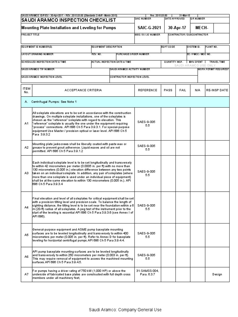 Saudi Aramco Inspection Checklist: Mounting Plate Installation and ...