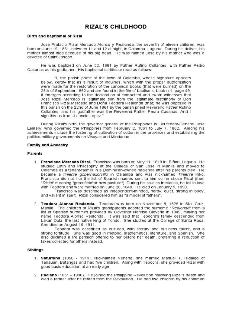 Rizal'S Childhood: Birth and Baptismal of Rizal | PDF | Philippines