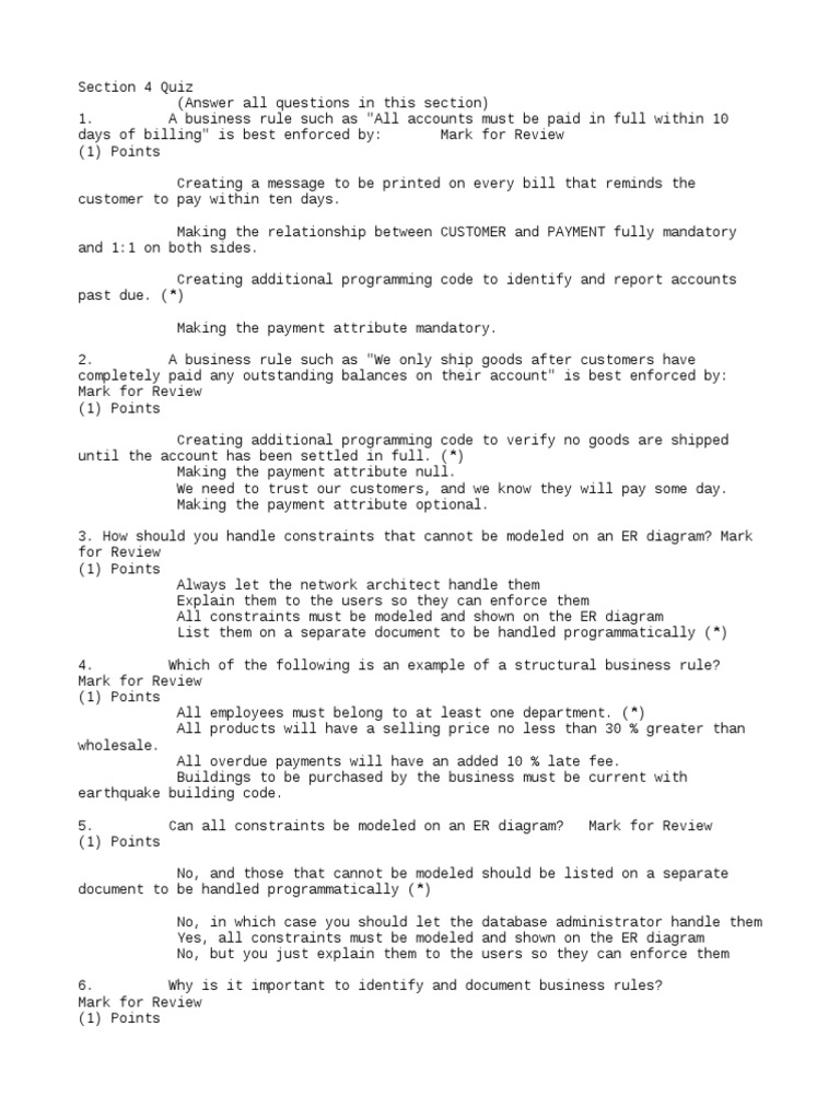 Section 4 Quiz Database Design Oracle Pdf Computer Data Data Management