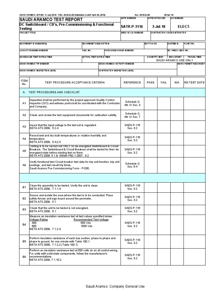 Saudi Aramco Test Report: 3-Jul-18 Elect-DC Switchboard / CB'S, Pre ...