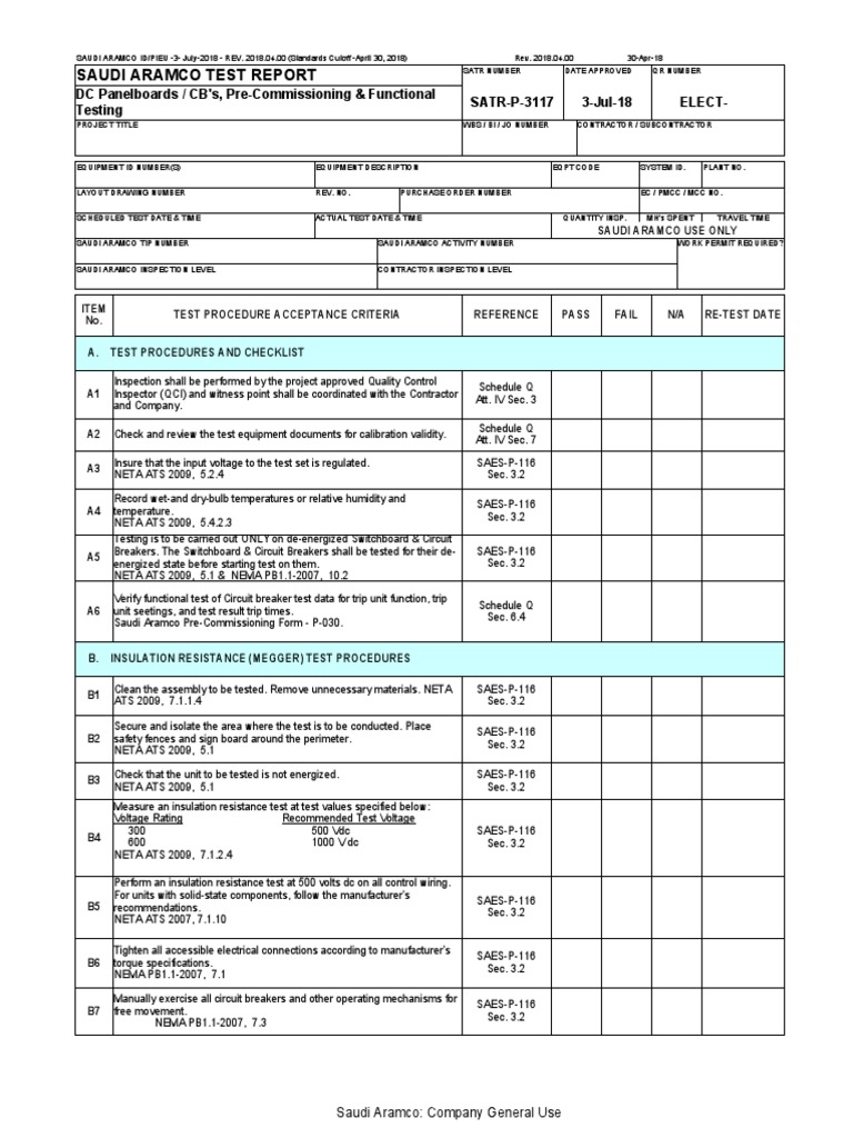 Saudi Aramco Test Report: SATR-P-3117 3-Jul-18 Elect-DC Panelboards ...
