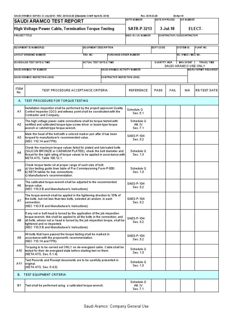 Saudi Aramco Test Report: High Voltage Power Cable, Termination Torque ...
