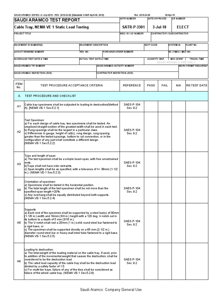 Saudi Aramco Test Report: Cable Tray, NEMA VE 1 Static Load Testing ...