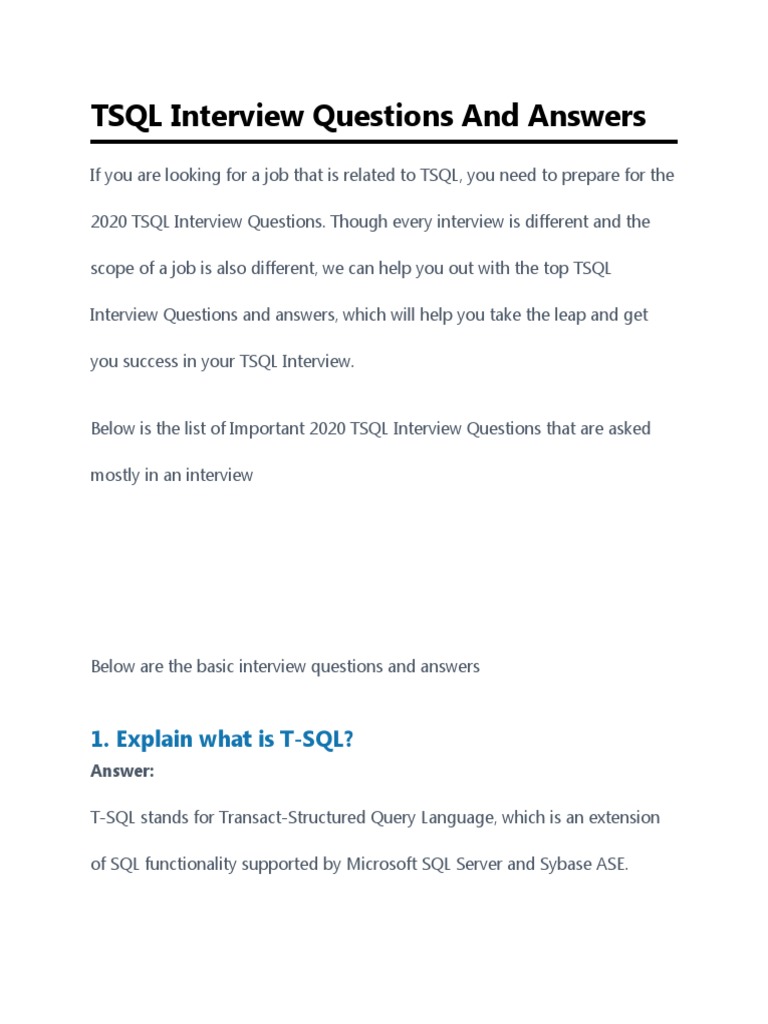 TSQL Interview Questions and Answers | PDF | Database Index | Microsoft Sql Server