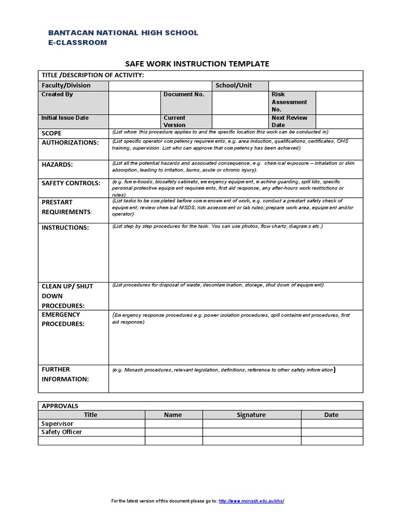 Safe Work Instruction Template: Bantacan National High School E ...