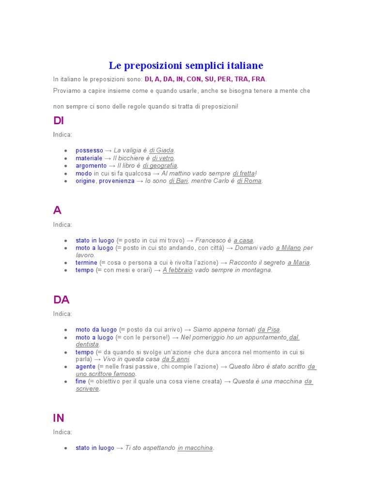 Le Preposizioni Semplici Italiane | PDF