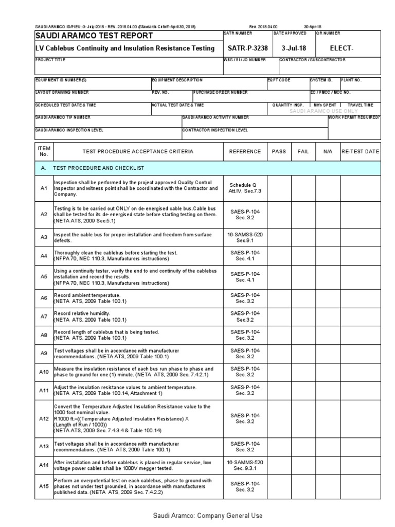 Saudi Aramco Test Report: LV Cablebus Continuity and Insulation ...