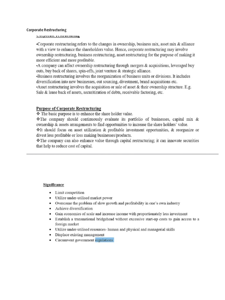 Corporate Restructuring NOTES | PDF | Takeover | Mergers And Acquisitions
