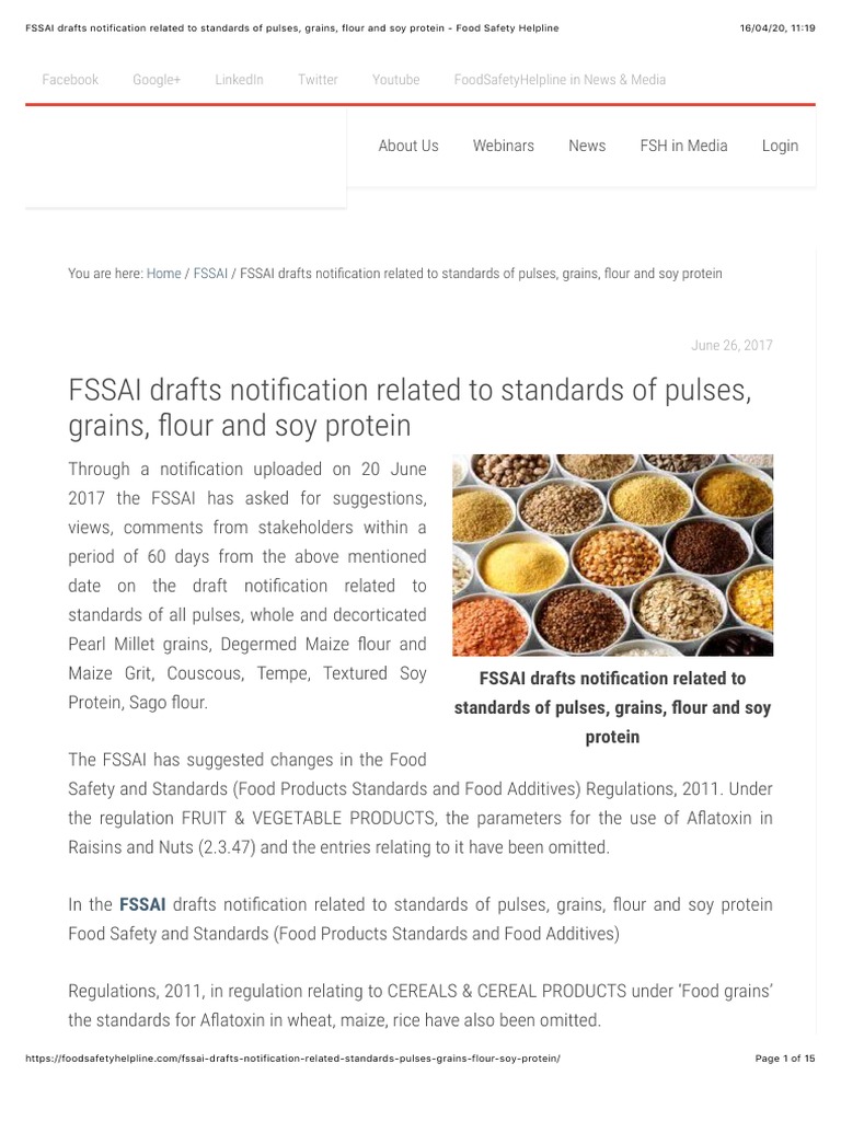FSSAI Drafts Notification Related To Standards of Pulses, Grains, Flour ...