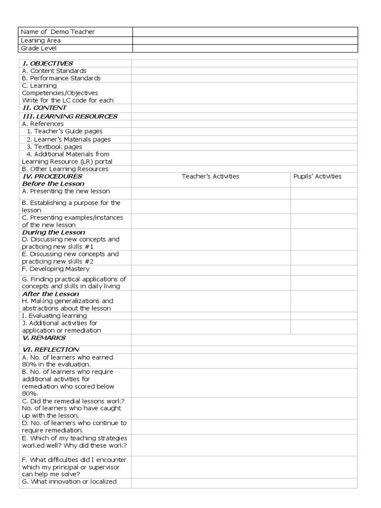 Demo Teacher Lesson Plan Objectives Resources Procedures Reflection | PDF