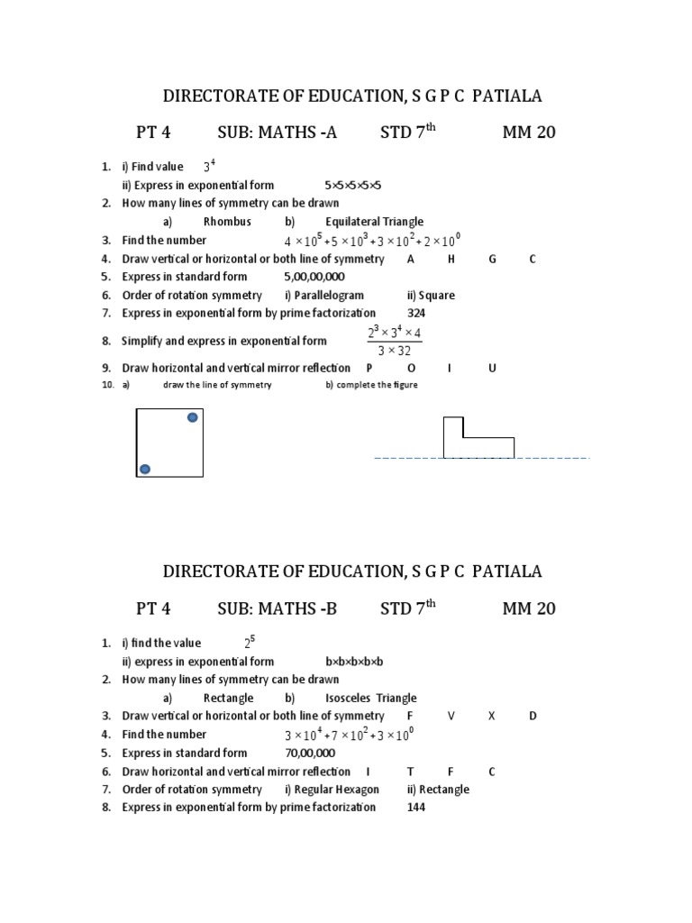 Directorate of Education, S G P C Patiala PT4 Sub: Maths - A STD 7 MM 20 | PDF