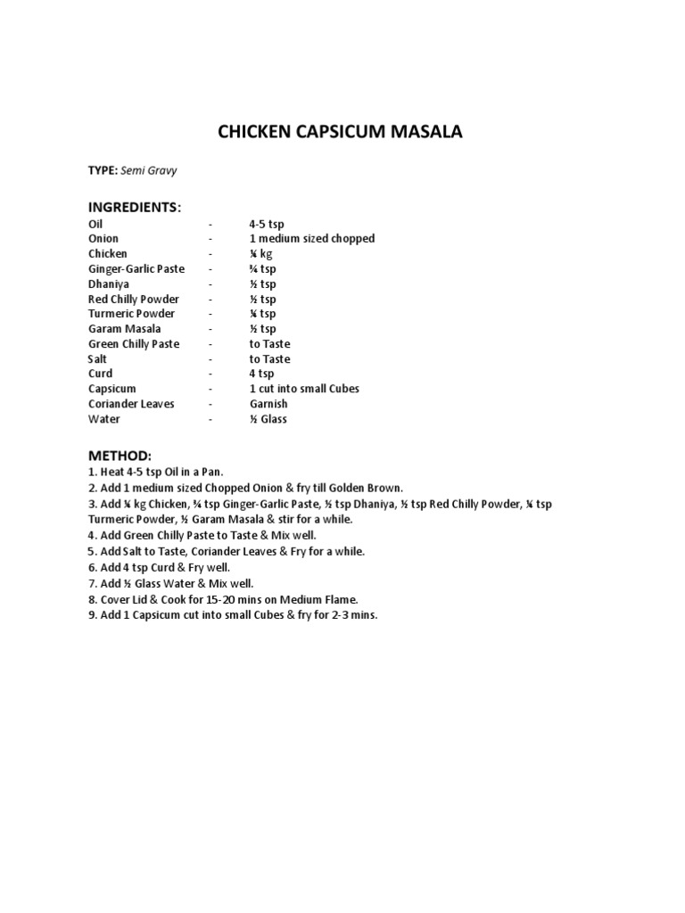 Chicken Capsicum Masala Recipe | PDF | Cooking, Food & Wine | Wellness