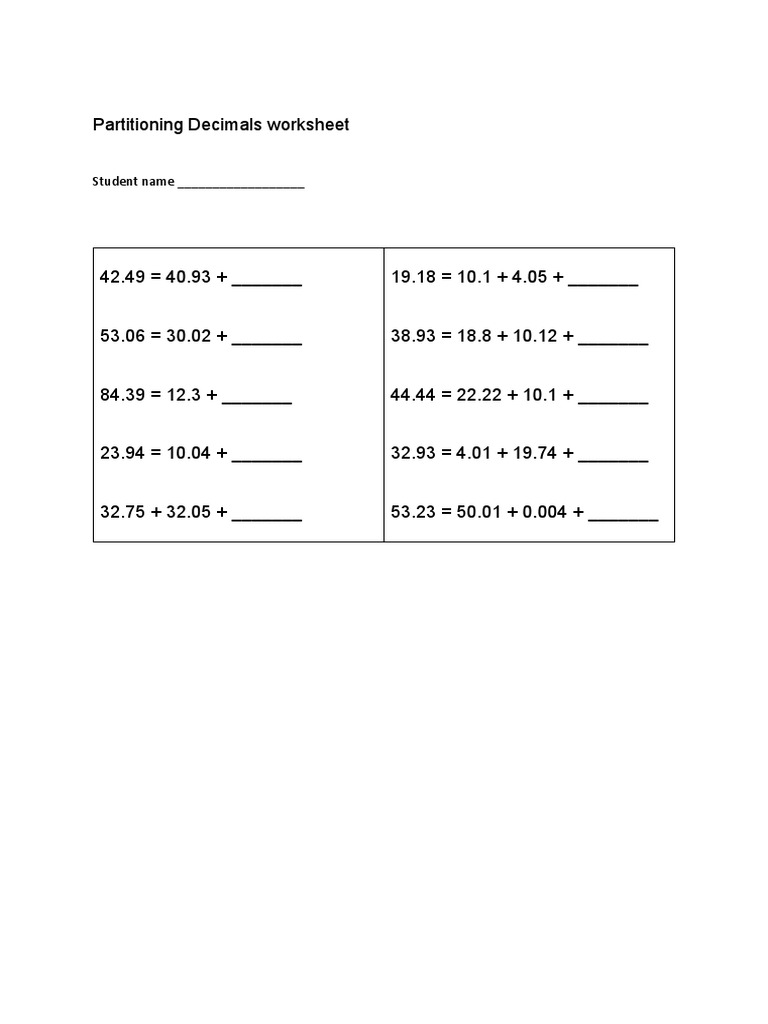 partitioning decimals worksheet