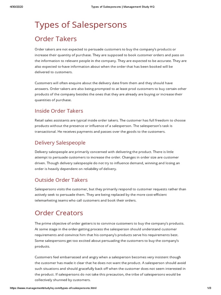 Types of Salespersons Explained | PDF | Sales | Customer
