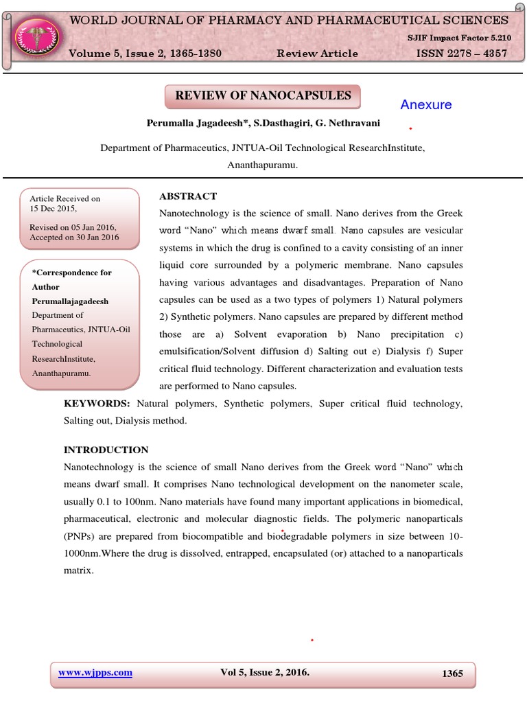 Review of Nanocapsules: Anexure | PDF | Emulsion | Pharmaceutical Sciences