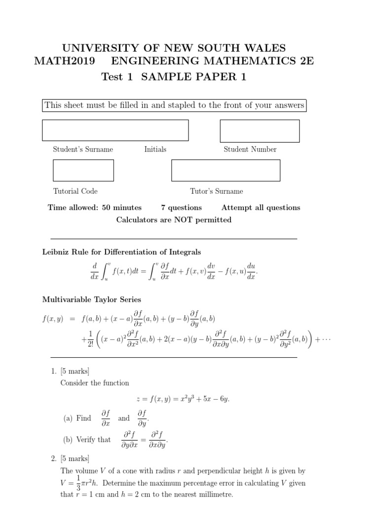 MATH2019 UNSW Test 1 Sample 1 | PDF | Acceleration | Mathematical Analysis