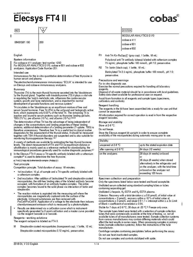 Elecsys FT4 II: 06437281 190 Cobas e 411 Cobas e 601 Cobas e 602 English System Information ...