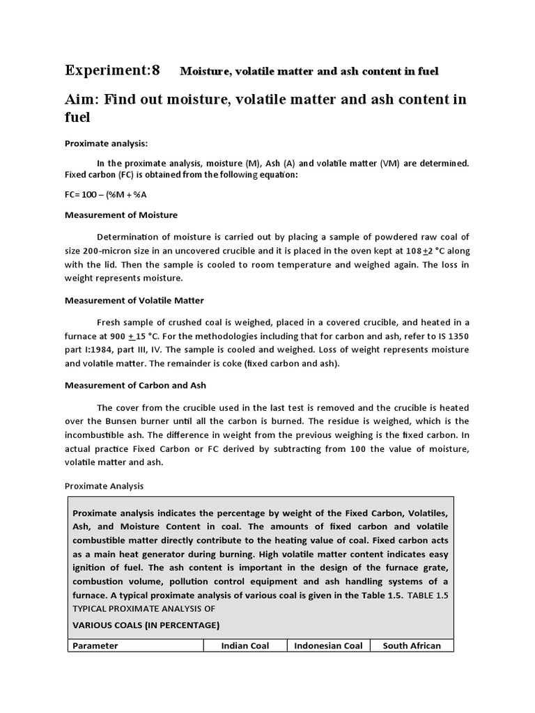 Experiment:8 Aim: Find Out Moisture, Volatile Matter and Ash Content in ...