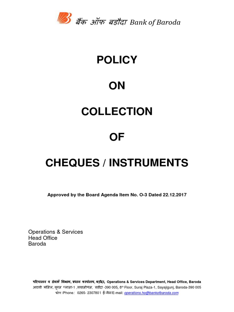 Bank of Baroda Cheque Collection Policy | PDF | Cheque | Overdraft