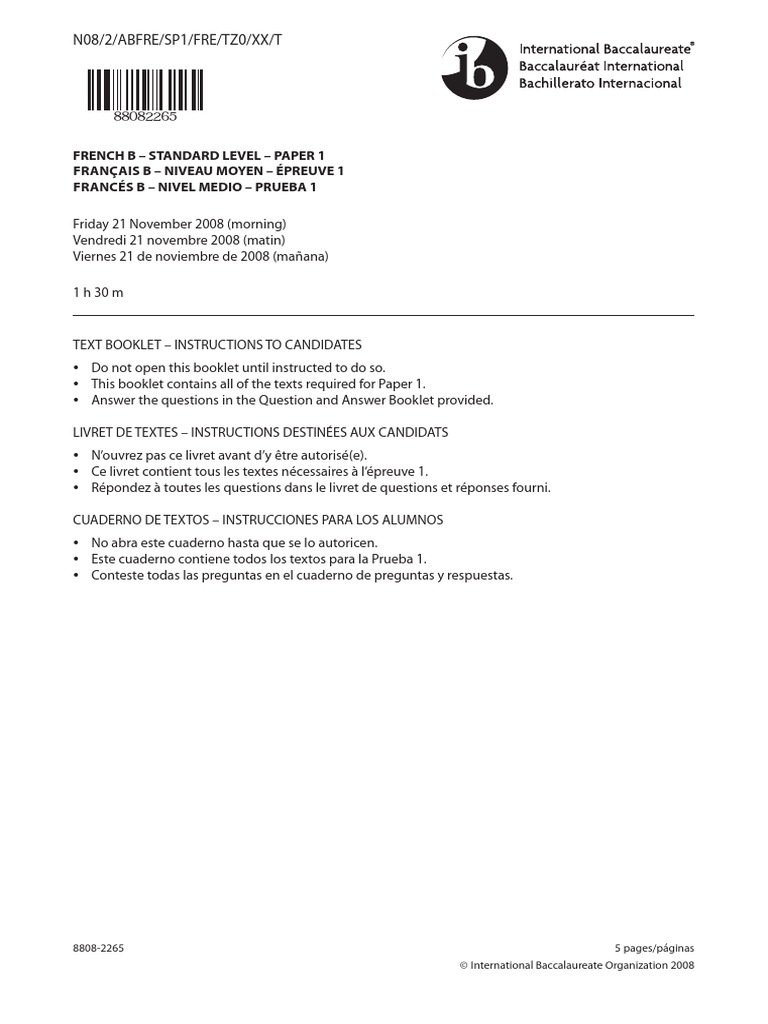 French B SL Paper 1 Text Booklet Nov 2008 | PDF | Acadie | Canada