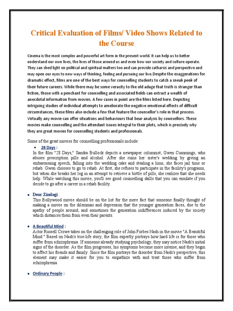 Critical Evaluation of Films/ Video Shows Related to the Course ...