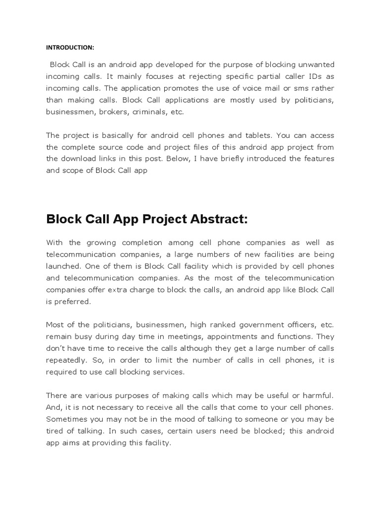 Block Call App Project Abstract | PDF | Android (Operating System ...