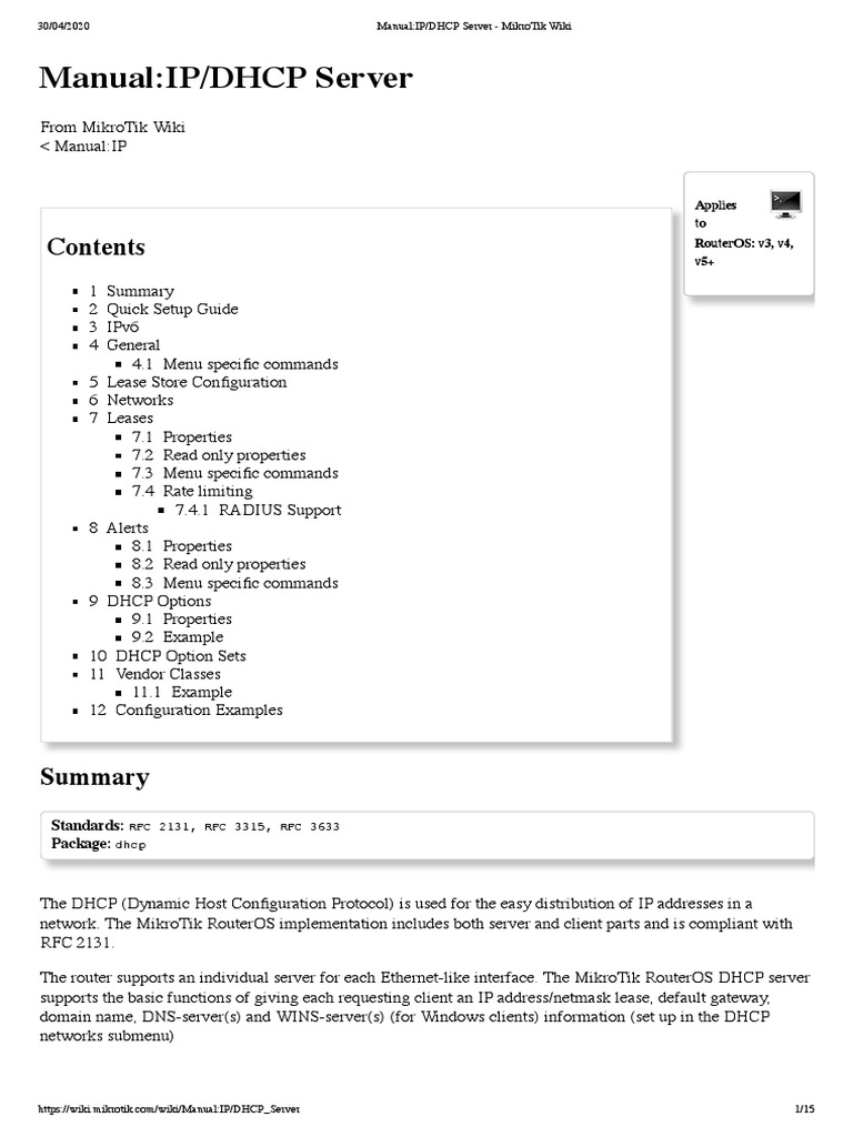 Manual - IP - DHCP Server - MikroTik Wiki | PDF | Ip Address | I Pv6