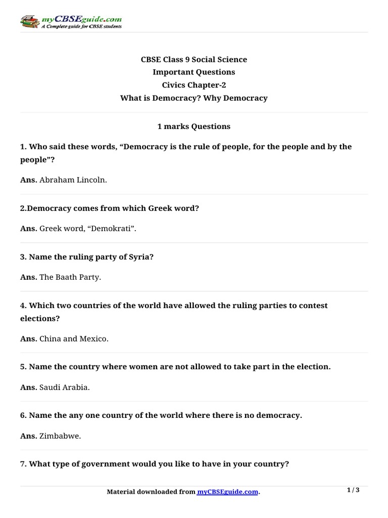 1m Questions Chapter 1 Civics | PDF