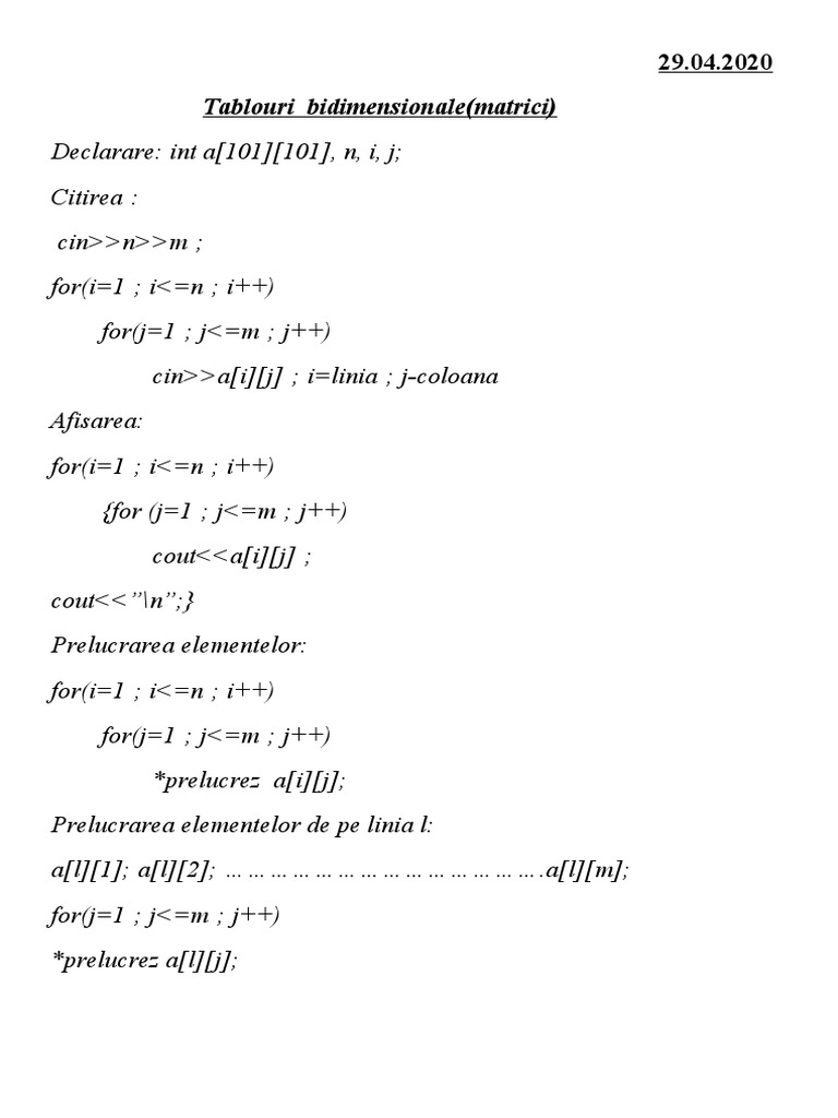 Tablouri Bidimensionale (Matrici) | PDF