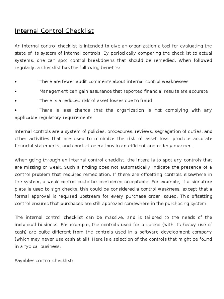 Internal Financial Controls Checklist | PDF | Internal Control | Accounts Payable