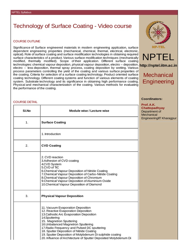 Surface Coating Technology Course Outline | PDF | Chemical Vapor ...
