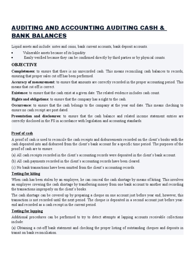 Auditing and Accounting Auditing Cash & Bank Balances: Objective | PDF ...