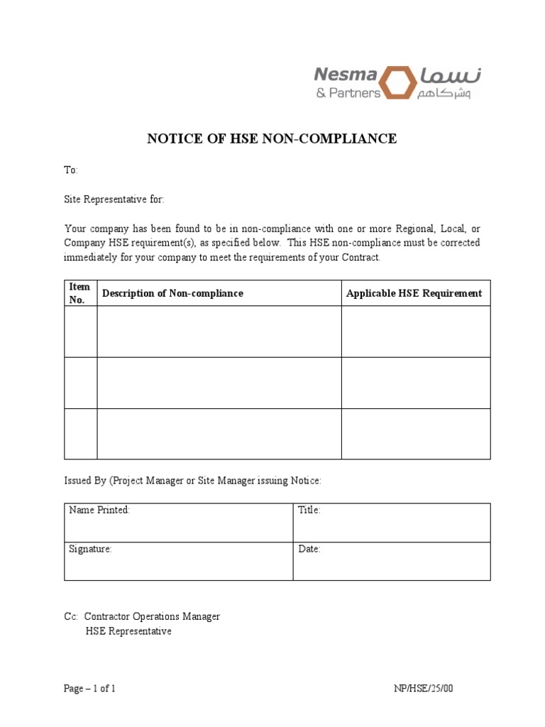 HSE Non-Compliance Notice Template | PDF