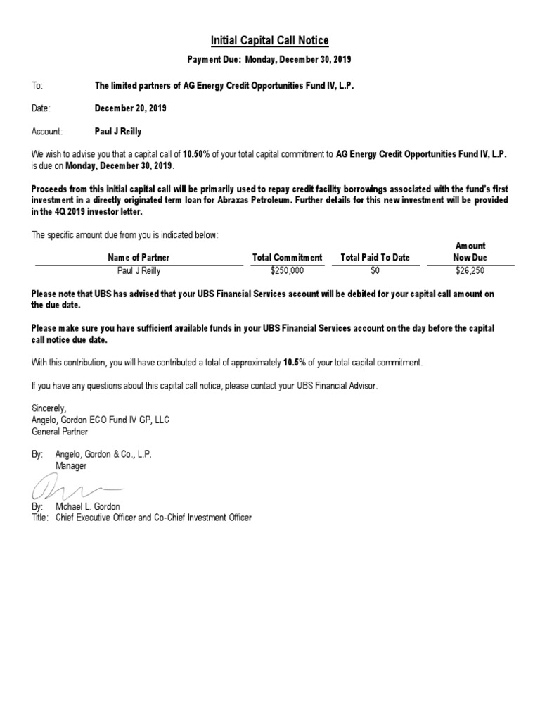 Initial Capital Call Notice for Partners | PDF