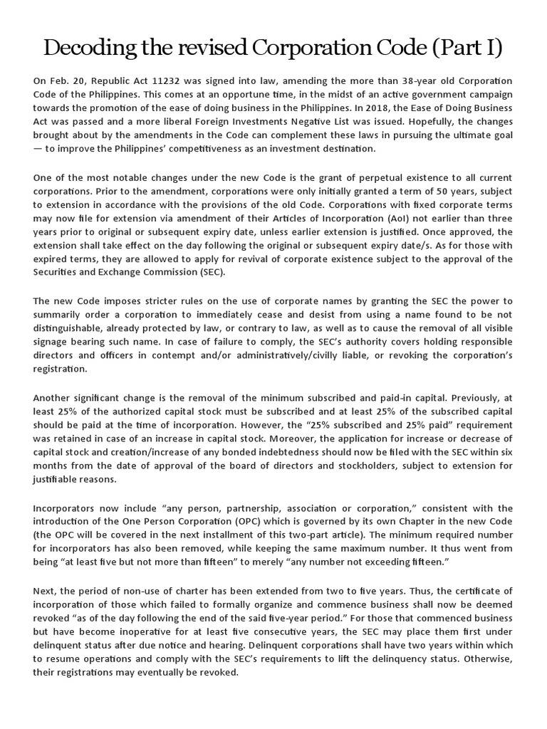 Decoding The Revised Corporation Code | PDF | Corporations | Board Of ...