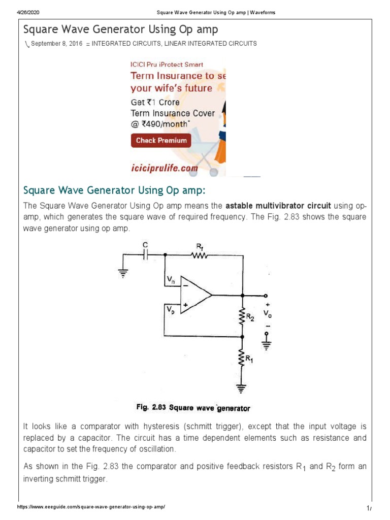 Square Wave Generator Using Op Amp - Waveforms | PDF | Amplifier ...