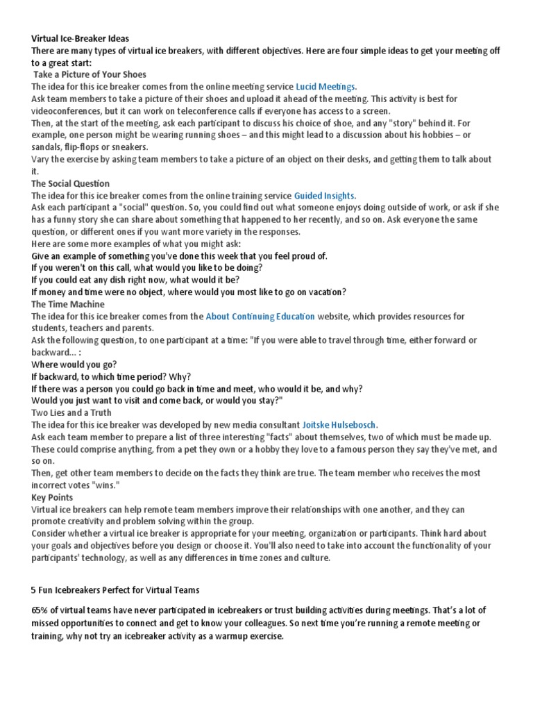 The Social Question: Virtual Ice-Breaker Ideas | PDF | Question ...