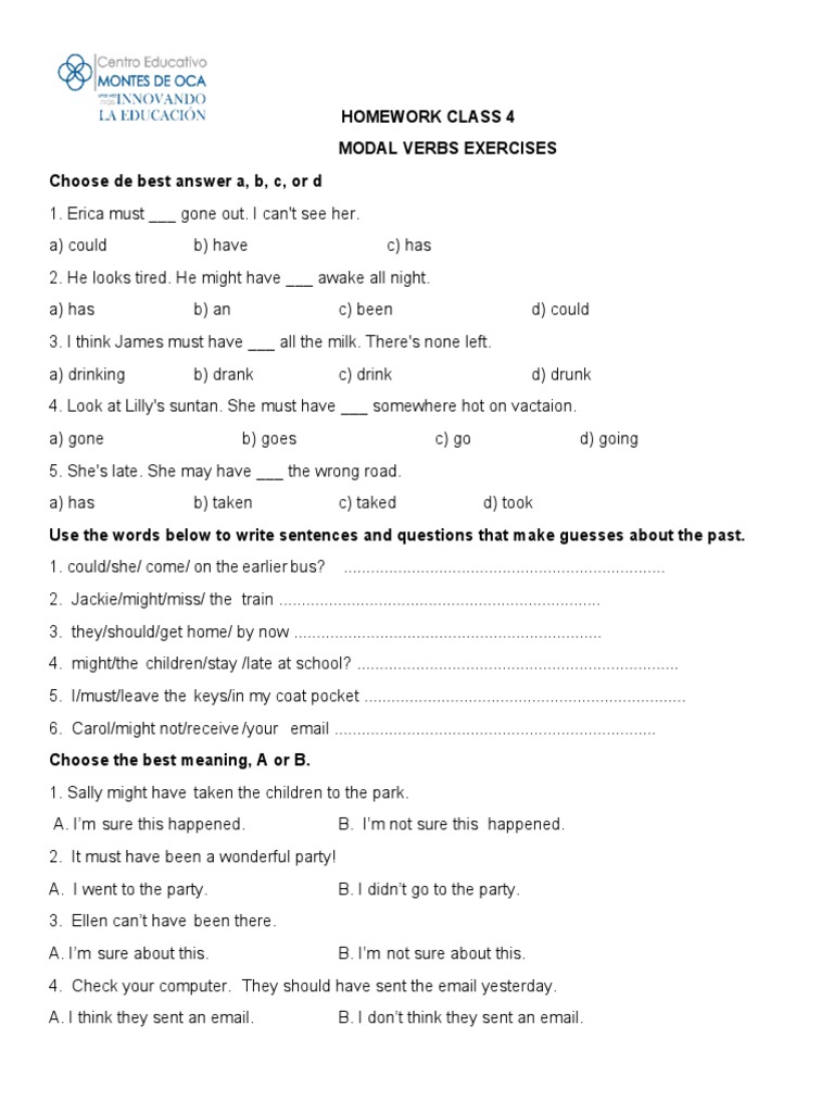Homework Class 4 Modal Verbs Exercises Choose de Best Answer A, B, C ...