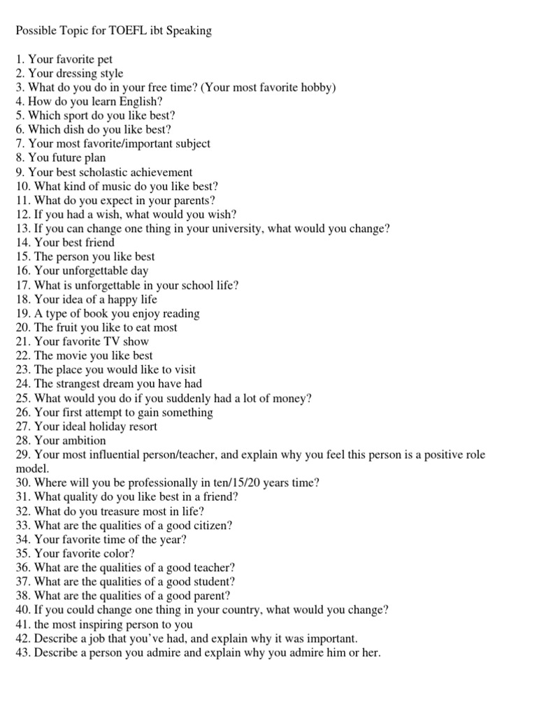 Possible Topic For TOEFL Ibt Speaking Task 1 | PDF | Test (Assessment ...