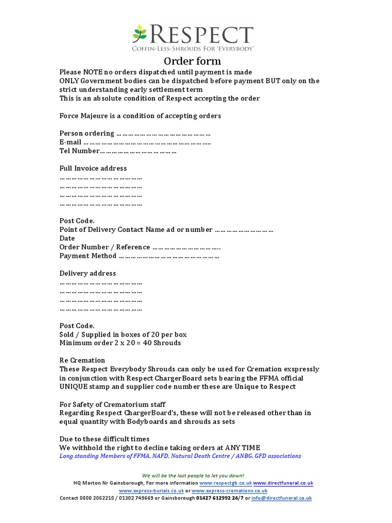 Order Form: Long Standing Members of FFMA, NAFD, Natural Death Centre ...