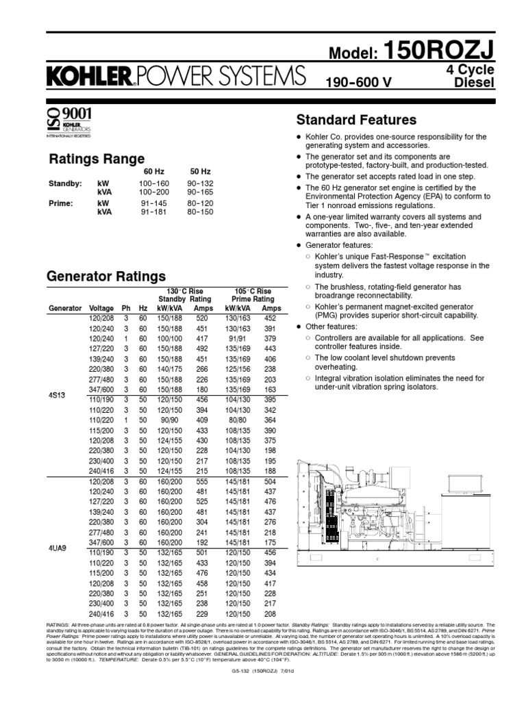 Kohler 150rozj Spec Sheet PDF | Download Free PDF | Electric Motor | Electric Generator