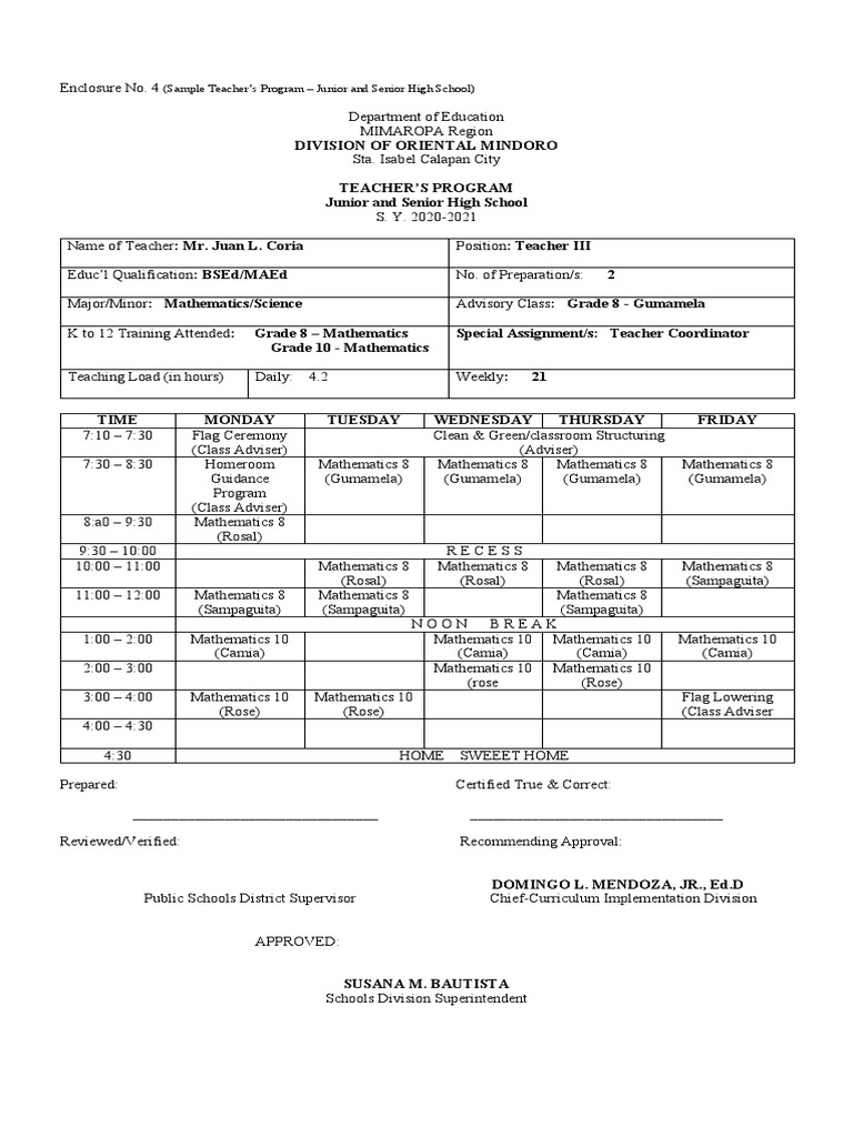 Sample Teacher's Program for JHS/SHS | PDF | Educational Institutions ...