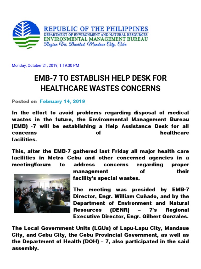 EMB-7 TO ESTABLISH HELP DESK FOR HEALTHCARE WASTES CONCERNS - Denr Cebu ...