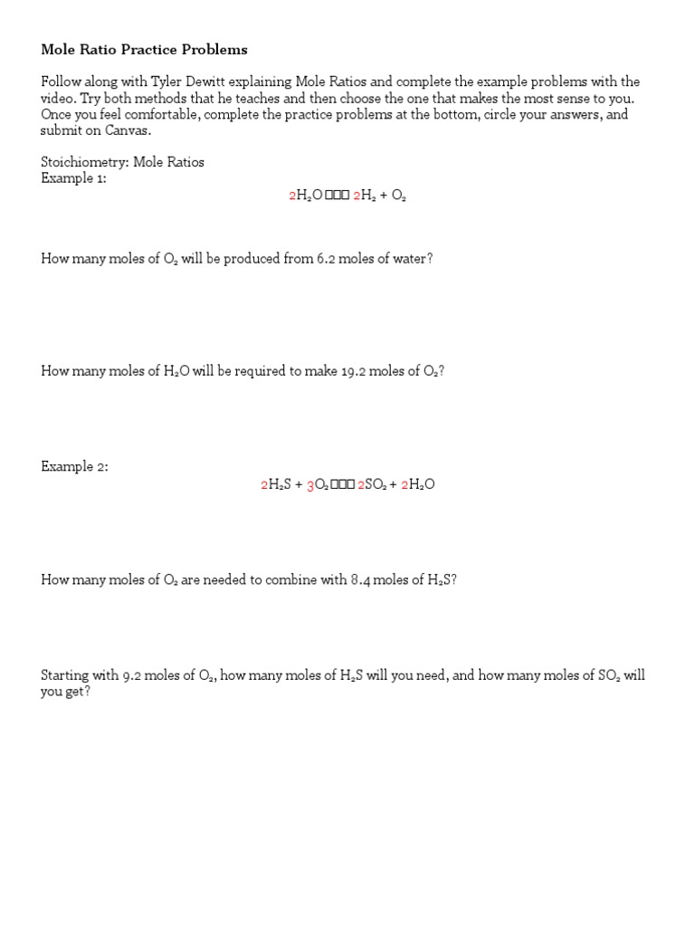 Mole Ratio Practice Problems Worksheet | PDF