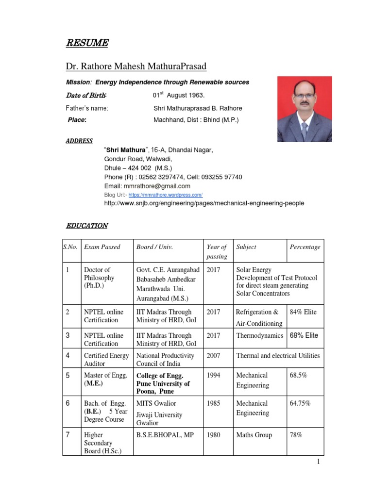 Dr. Mahesh Rathore's Engineering Resume | PDF | Solar Energy | Solar Power