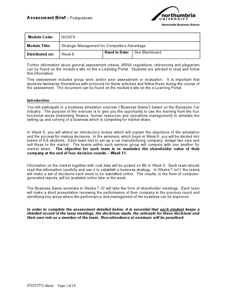 Assessment Brief: Module Code: Module Title: Distributed On: Hand in Date | PDF | Evaluation ...