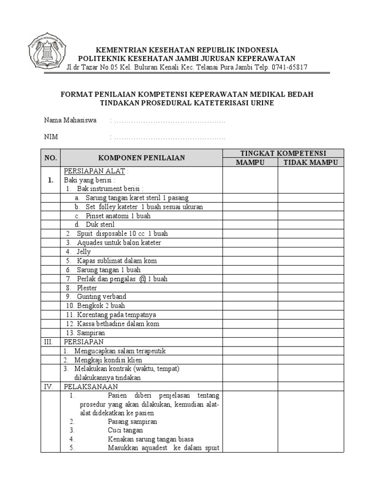 Format Kompetensi Kateterisasi Urine | PDF | Griya & Taman | Kesehatan Holistik