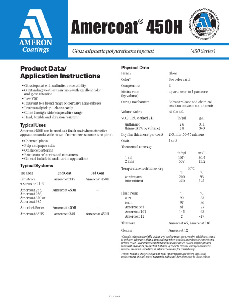 Amercoat 450H: Product Data/ Application Instructions | PDF | Corrosion ...