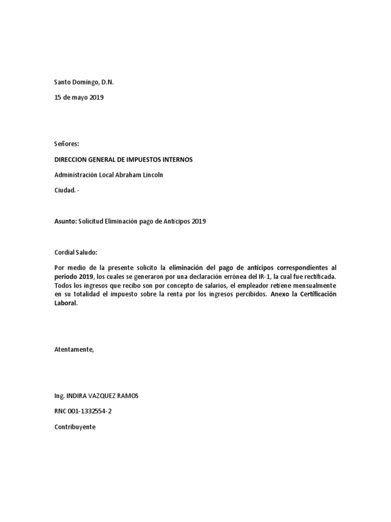 Solicitud Anticipos DGII INDIRA VAZQUEZ | PDF